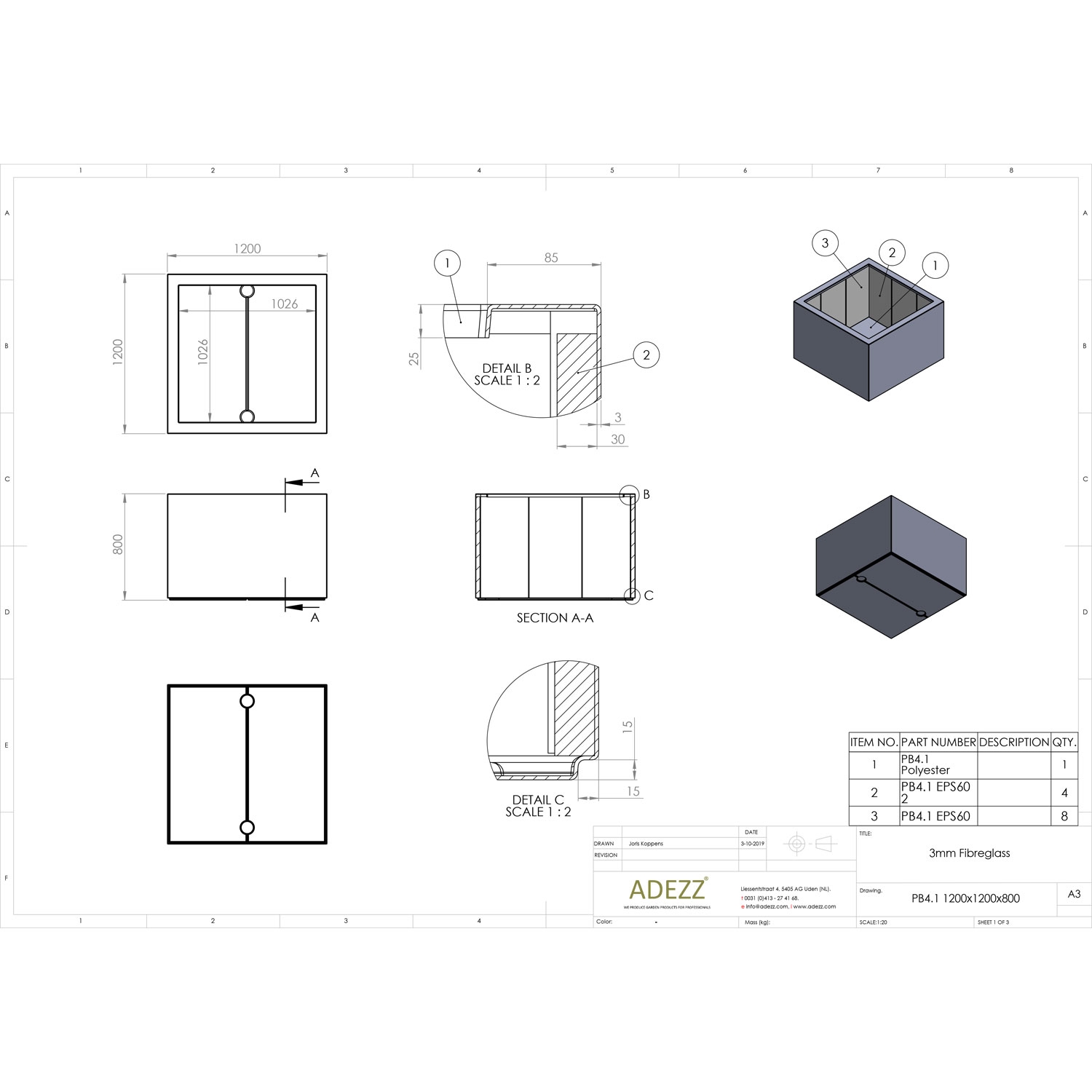 ADEZZ Fibreglass CARREZ Low Square Planter (14 sizes): L120cm x W120cm ...