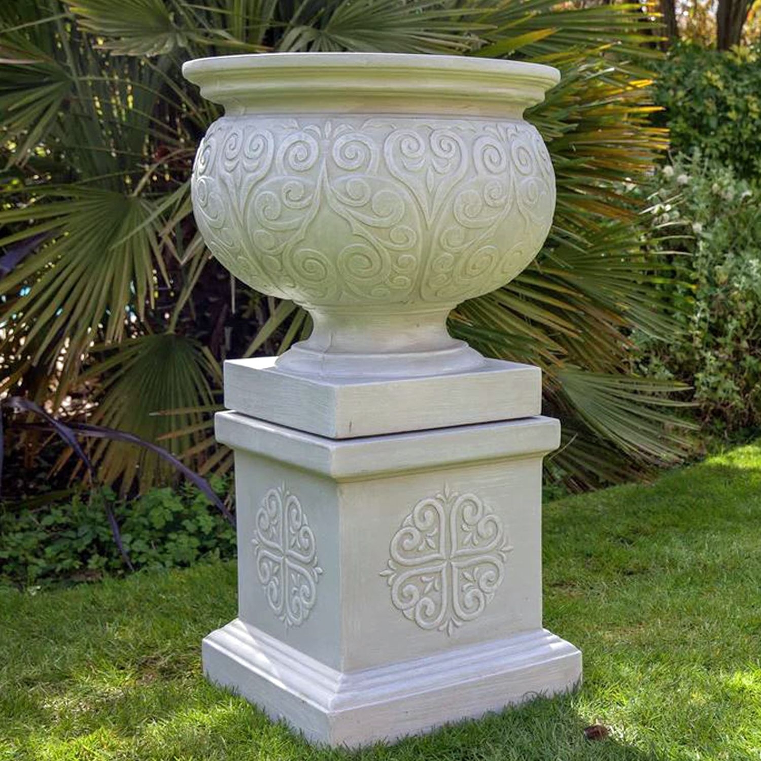 Offer: Light Grey Stonelite Motif Urn & Plinth L56cm x D56cm x H99cm ...